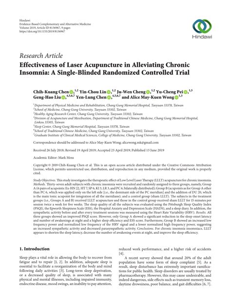 Pdf Effectiveness Of Laser Acupuncture In Alleviating Chronic Insomnia A Single Blinded