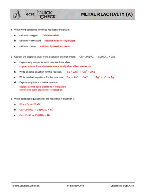 Chemsheets Gcse 1318 Qc Metal Reactivity A Ans Pdf