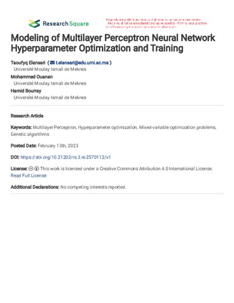 Pdf Modeling Of Multilayer Perceptron Neural Network Hyperparameter
