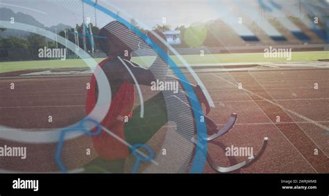 Image Of Digital Data Processing Over Disabled Male Athlete With Running Blades On Running Track