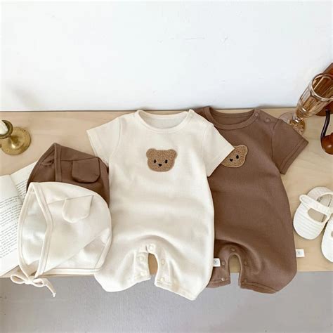 Badu Bg Летни бебешки гащеризони с шапка Сладко мече Прохождащо дете Гащеризони от една част за