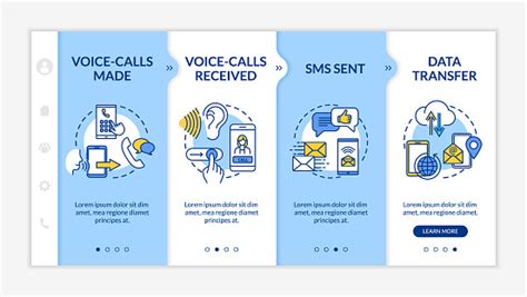 음성 통화 및 메시지 온보딩 벡터 템플릿입니다 통신 Sms 및 데이터 전송 아이콘이 있는 반응형 모바일 웹사이트 웹 페이지 연습 단계 화면 Rgb 색상 개념 데이터에 대한