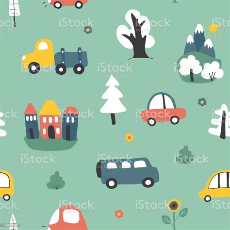 귀여운 자동차 원활한 패턴 만화 교통 낙서 배경 벡터 일러스트 교통에 대한 스톡 벡터 아트 및 기타 이미지 교통 귀여운