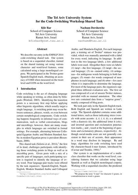 Pdf The Tel Aviv University System For The Code Switching Workshop Shared Task