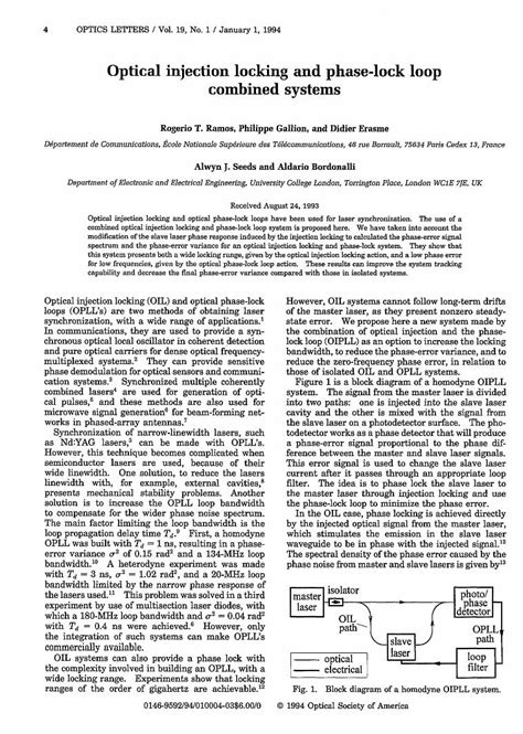 pdf optical injection locking and phase lock loop combined systems