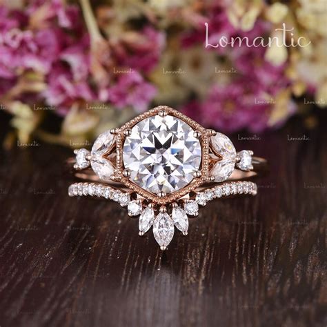 Solitaire Moissanite Engagement Ring Set Rose Gold Hexagon Moissanite