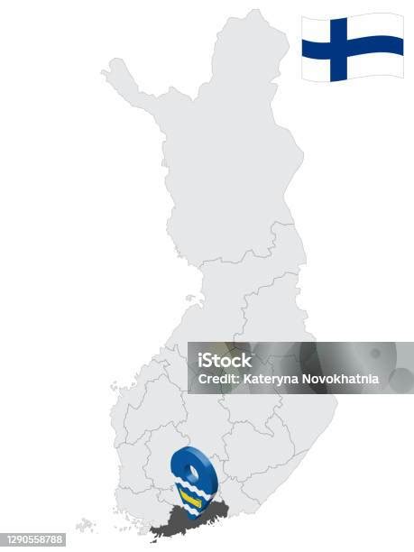 위치 우시마 지역 지도 핀란드에 우시마의 국기와 유사한 3d 위치 표지판 핀란드 지역과 의 한 해가 지도로 디자인됩니다 Eps10 0명에 대한 스톡 벡터 아트 및 기타