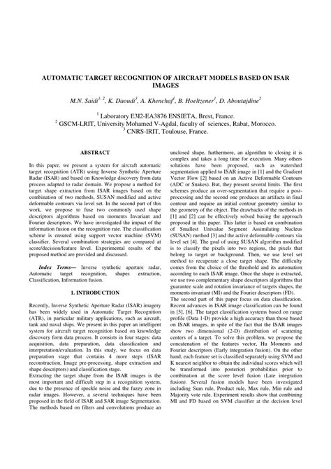 Pdf Automatic Target Recognition Of Aircraft Models Based On Isar Images