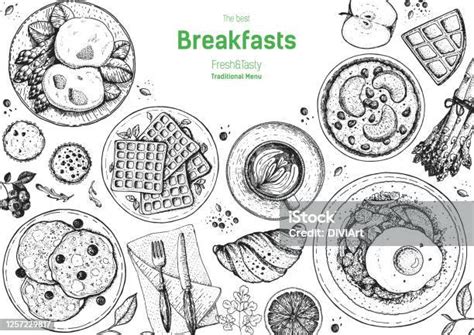 아침 식사 상단 보기 프레임 아침 음식 메뉴 디자인 아침 식사와 브런치 요리 컬렉션 빈티지 손으로 그린 스케치 벡터 일러스트 각인 된 스타일 아침 식사에 대한 스톡 벡터