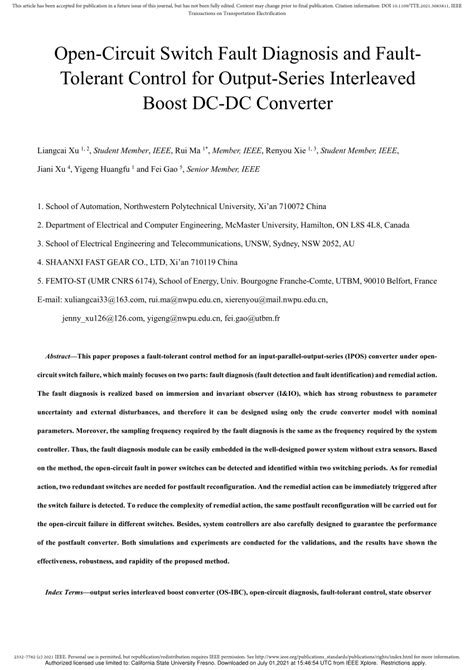 Pdf Open Circuit Switch Fault Diagnosis And Fault Tolerant Control For Output Series