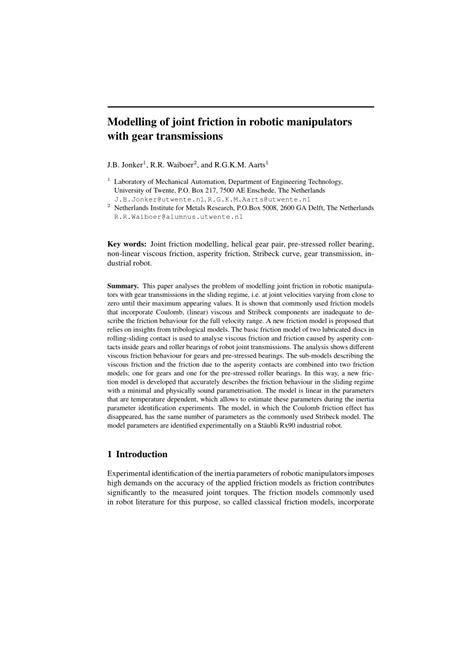 Pdf Modelling Of Joint Friction In Robotic Manipulators With Gear Transmissions