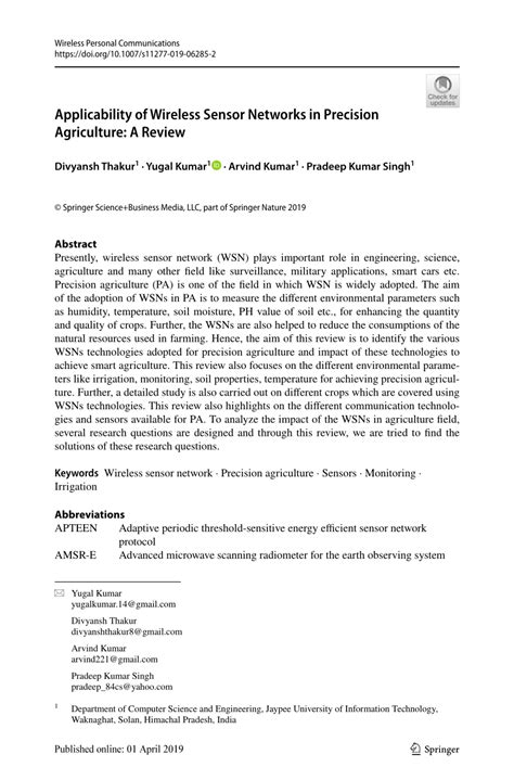 Pdf Applicability Of Wireless Sensor Networks In Precision Agriculture A Review