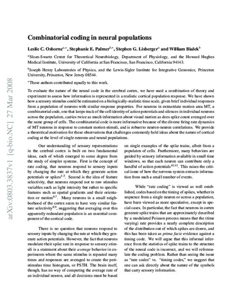 Pdf Combinatorial Coding In Neural Populations