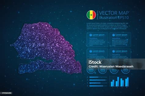 세네갈 지도 인포그래픽 템플릿은 다이어그램 그래프 프리젠테이션 및 차트에 파란색 배경에 추상적인 기하학적 메쉬 다각형 조명 개념이 있다 세네갈에 대한 스톡 벡터 아트 및