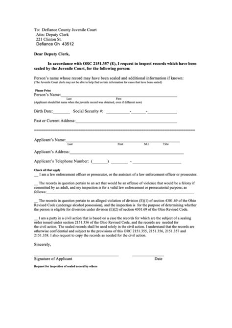Fillable Request For Inspection Of Sealed Record Form Printable Pdf
