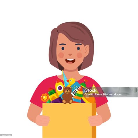 장난감으로 가득 찬 장난감 상자를 들고 있는 행복한 소녀 아이 큐브 소용돌이 오리 공 딸랑이 피라미드 파이프 곰 공 로켓 탬버린 보트 벡터 그림입니다 곰에 대한 스톡 벡터