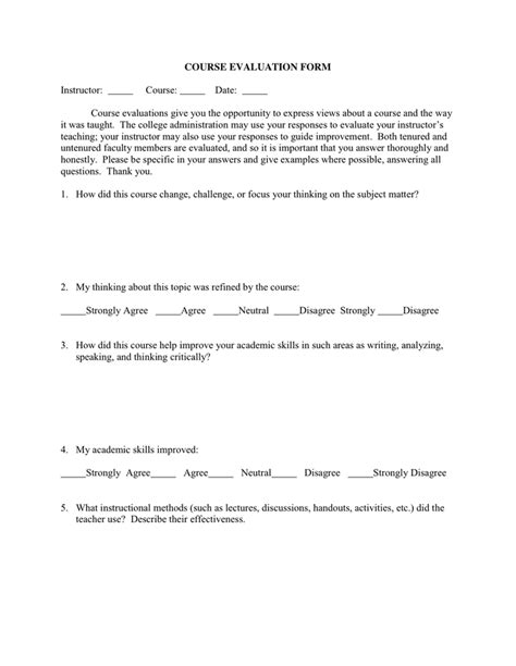 Course Evaluation Form Sample In Word And Pdf Formats