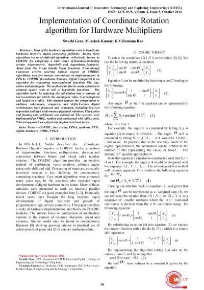 Implementation Of Coordinate Rotation Algorithm For Hardware