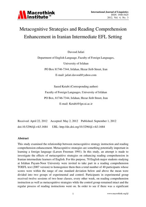 Pdf Metacognitive Strategies And Reading Comprehension Enhancement In Iranian Intermediate Efl