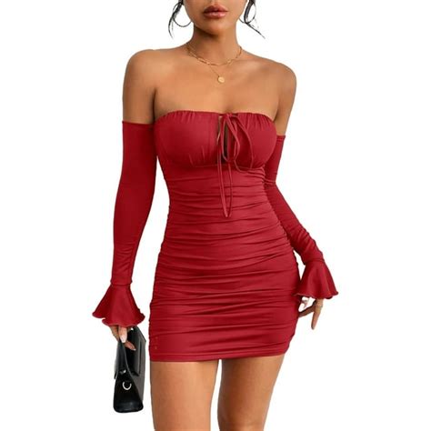 Sexy Plain Off The Shoulder Bodycon Long Sleeve Red Women Dresses