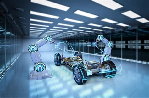 플랫폼에 전기 자동차 배터리 셀 모듈이 있는 로봇 조립 라인 프리미엄 사진