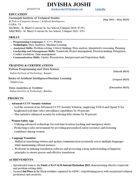 Divisha Joshi Resume Pdf Closed Circuit Television Artificial Intelligence