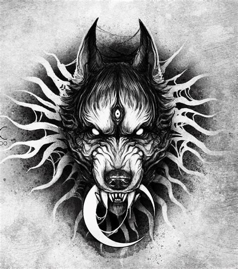 Wolf Tattoo With Moon And Flames Black And White Werewolf Art Fantasy Wolf Tattoo Style