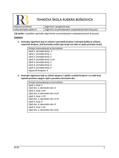 09 Lv Algoritmi Algoritmi Sa Ponavljanjem Unaprijed Poznati Broj Puta 1 Pdf