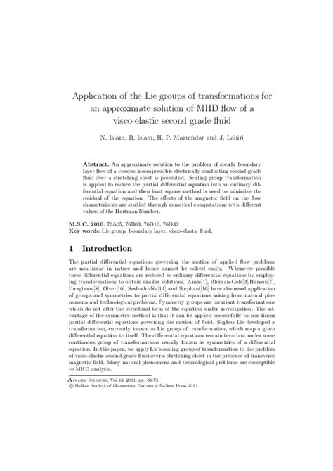 Pdf Application Of The Lie Groups Of Transformations For An