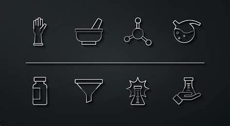 세트 라인 의료용 고무 장갑 시험관 및 플라스크 화학 폭발 깔때기 또는 필터 모르타르 유봉 및 분자 아이콘 벡터 건강 검진에 대한 스톡 벡터 아트 및 기타 이미지 Istock