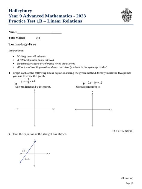 Practice Test 1b 2024 Linear Relations Pdf Equations Geometry