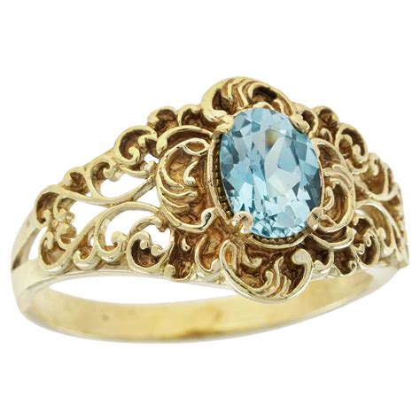 Natural Cabochon Blue Topaz Vintage Style Filigree Ring In Solid 9k