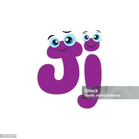 귀여운 보라색 편지 J 만화 캐릭터 귀여운 눈으로 눈을 가진 파란 귀여운 웃는 대문자와 소문자 J의 만화 그림 재미있는 아이들은