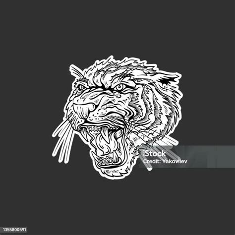 마스코트 로고 호랑이 머리 손으로 그린 스케치 스티커 디자인 템플릿 티셔츠 프린트 프로젝트 패션 산업을 위한 아트워크 벡터 일러스트레이션 공격성에 대한 스톡 벡터 아트 및