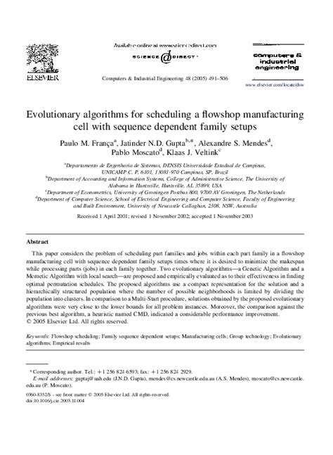Pdf Evolutionary Algorithms For Scheduling A Flowshop Manufacturing Cell With Sequence