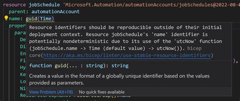 Remove Nondeterministic Warning For Automation Job Schedule Names · Issue 10340 · Azurebicep