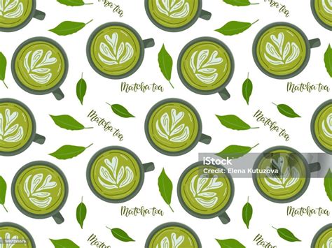 원활한 말차 패턴 일본의 전통 건강 음료 말차 레터링 녹색 잎 머그잔 벡터 평면 반복 배경 벽지 포장 포장 직물 일본 음료 0명에 대한 스톡 벡터 아트 및 기타 이미지