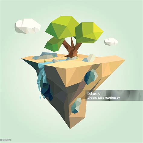 낮은 다각형 기하학적 나무와 섬 추상 벡터 일러스트레이션 3차원 형태에 대한 스톡 벡터 아트 및 기타 이미지 3차원 형태 기하 도형 나무 Istock