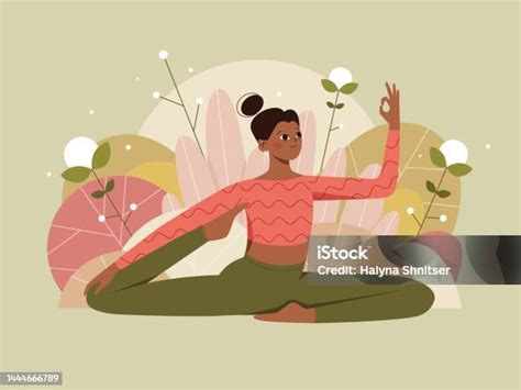 요가를 하는 여자는 나뭇잎으로 자연을 배경으로 포즈를 취한다 요가 필라테스에 대 한 개념 그림입니다 강사에 대한 스톡 벡터 아트 및 기타 이미지 Istock