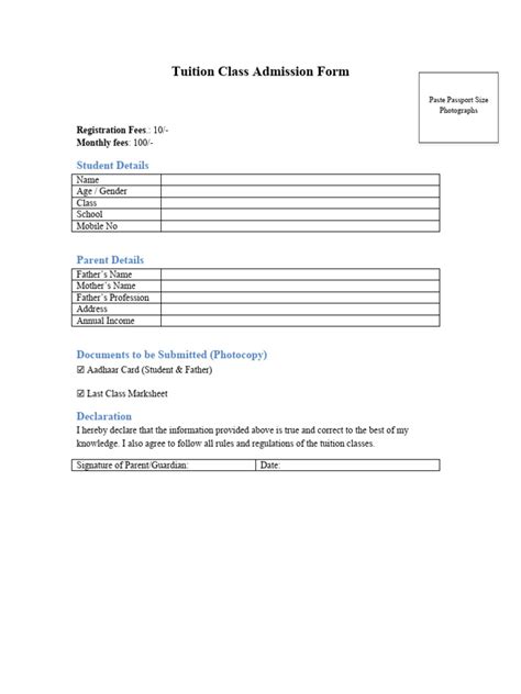 Tuition Class Admission Form Details Pdf