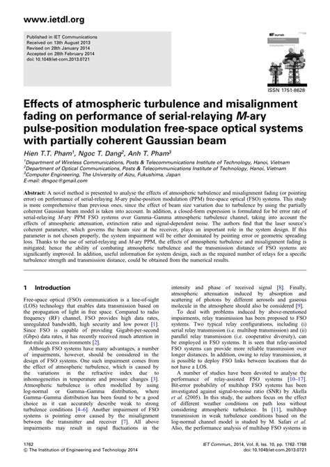 Pdf Effects Of Atmospheric Turbulence And Misalignment Fading On Performance Of Serial