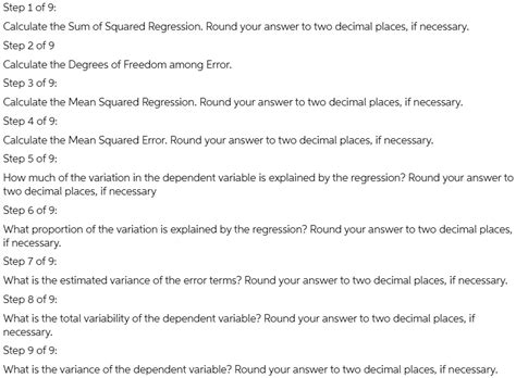 Solved Step 1 Of 9 Calculate The Sum Of Squared Regression Round Your