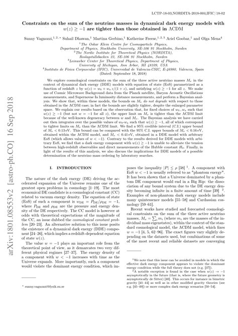 Pdf Constraints On The Sum Of The Neutrino Masses In Dynamical Dark Energy Models With Wz≥−1