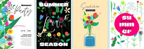 안녕하세요 여름 추상 꽃 포스터입니다 꽃 손으로 그린 예술 시즌 행복한 휴일 플래 카드 세트입니다 여름 예술적 프린트 현수막이 화려하게 피어납니다 초본 식물 엽서