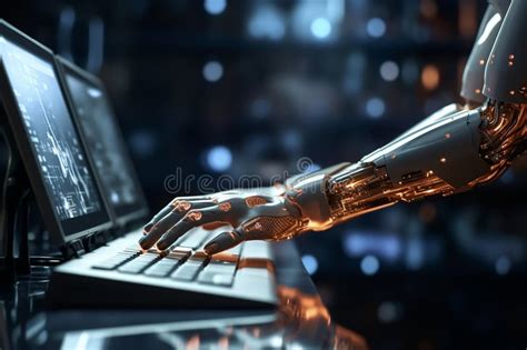 Robotic Hands Proficiently Code On A Monitor Highlighting Advanced Automation Technology Stock