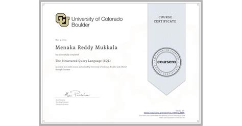 Completion Certificate For The Structured Query Language Sql Menaka