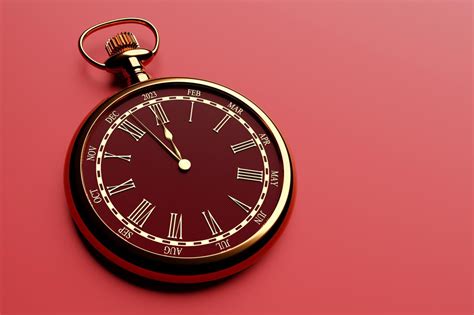 컷오프 2023 및 빨간색 격리 된 배경에 달력 개월 스톱워치 아이콘 로고 크로노 미터 빈티지 타이머와 골동품 검은 원형 시계의 3d 그림 프리미엄 사진