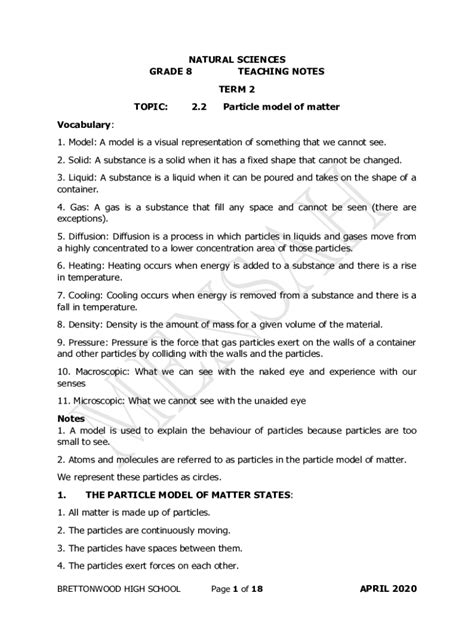 fillable online 2 2 particle model of matter answers questions 1 what