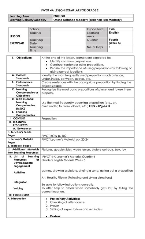 Lesson Exemplar English 2 Prepositions Pivot 4a Lesson Exemplar For Grade 2 Learning Area