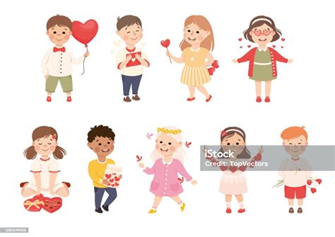 로맨스 감정 기호 세트와 귀여운 행복한 아이 하트와 사랑스러운 아이 해피 발렌타인 데이 컨셉 만화 벡터 일러스트 독일에 대한 스톡 벡터 아트 및 기타 이미지 Istock